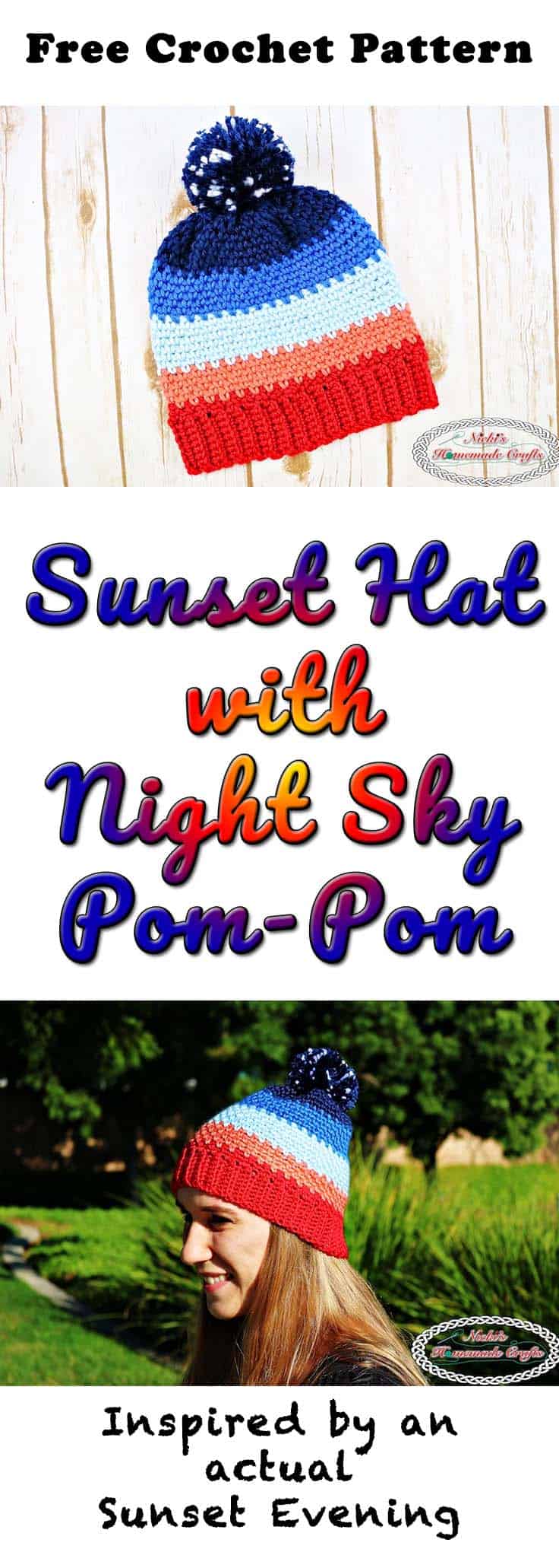 Crochet Sunset Hat with Night Sky Pom-Pom - Free Pattern - Nicki's ...