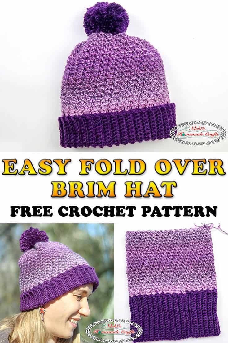 Crochet Hat Pattern For an Easy Fold Over Brim Hat with Pom-Pom