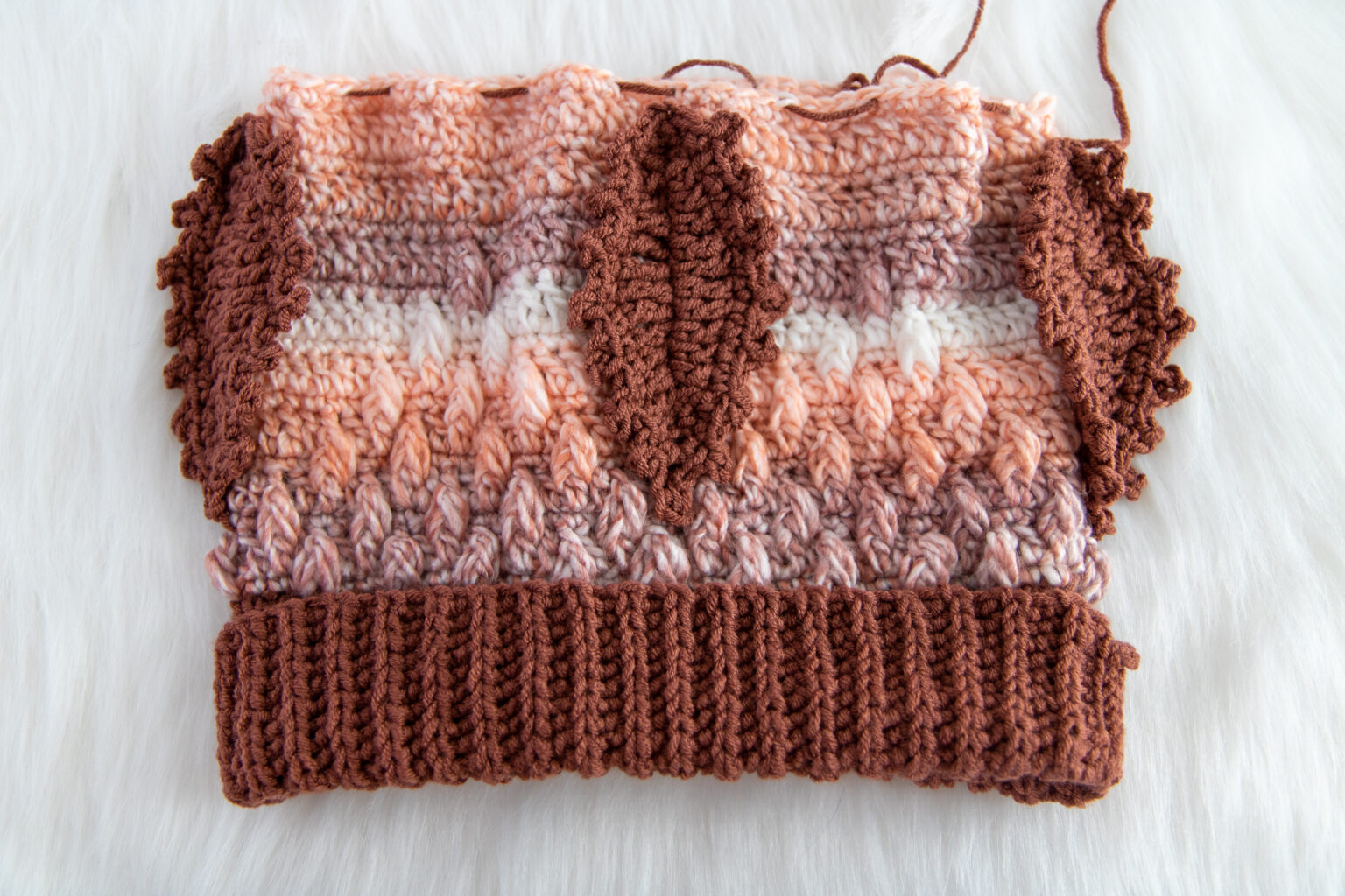 Free Crochet Fall Leaf Hat Pattern with Pinecone Pom Pom - Nicki's ...