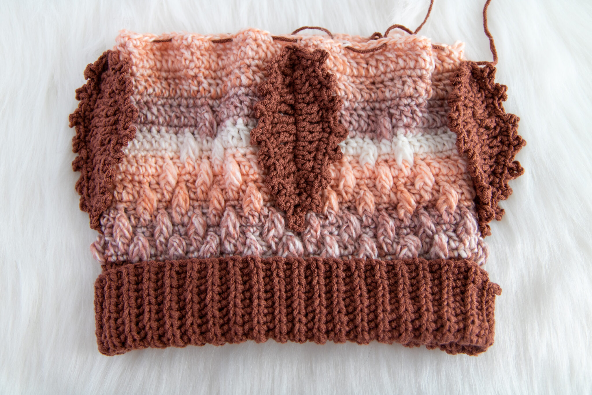 Free Crochet Fall Leaf Hat Pattern with Pinecone Pom Pom - Nicki's ...