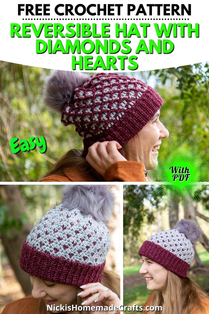 Free Crochet Reversible Hat Pattern with Diamonds and Hearts - Nicki's ...