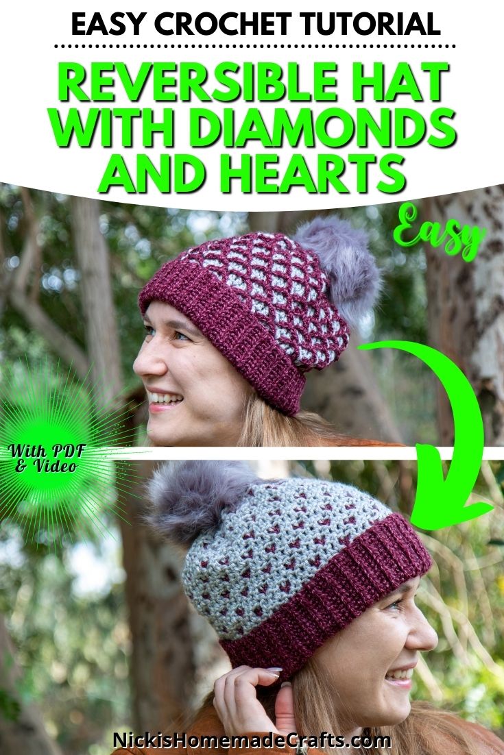 Free Crochet Reversible Hat Pattern with Diamonds and Hearts - Nicki's ...