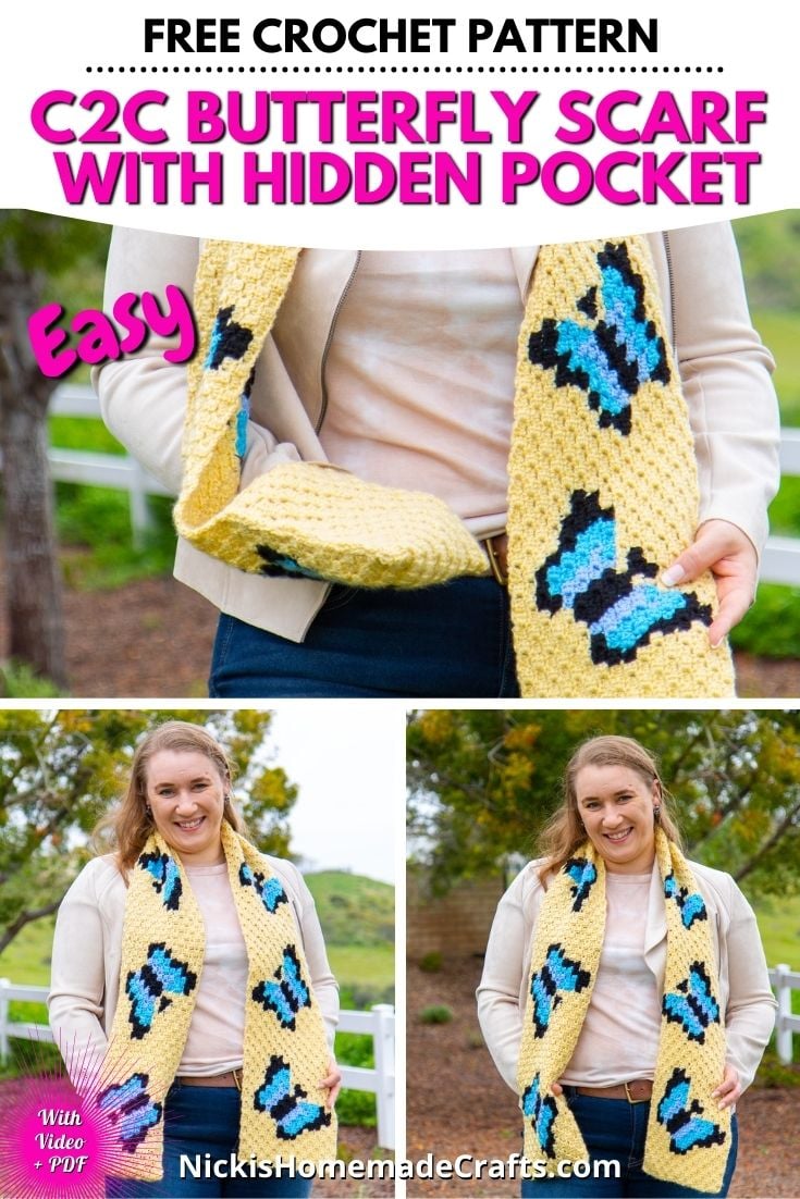 FREE C2C Butterfly Crochet Scarf Pattern with Hidden Pocket - Nicki's ...