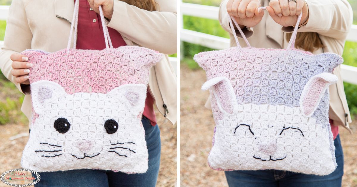 Free Cat Bunny Reversible C2C Crochet Bag Pillow Pattern with Book ...