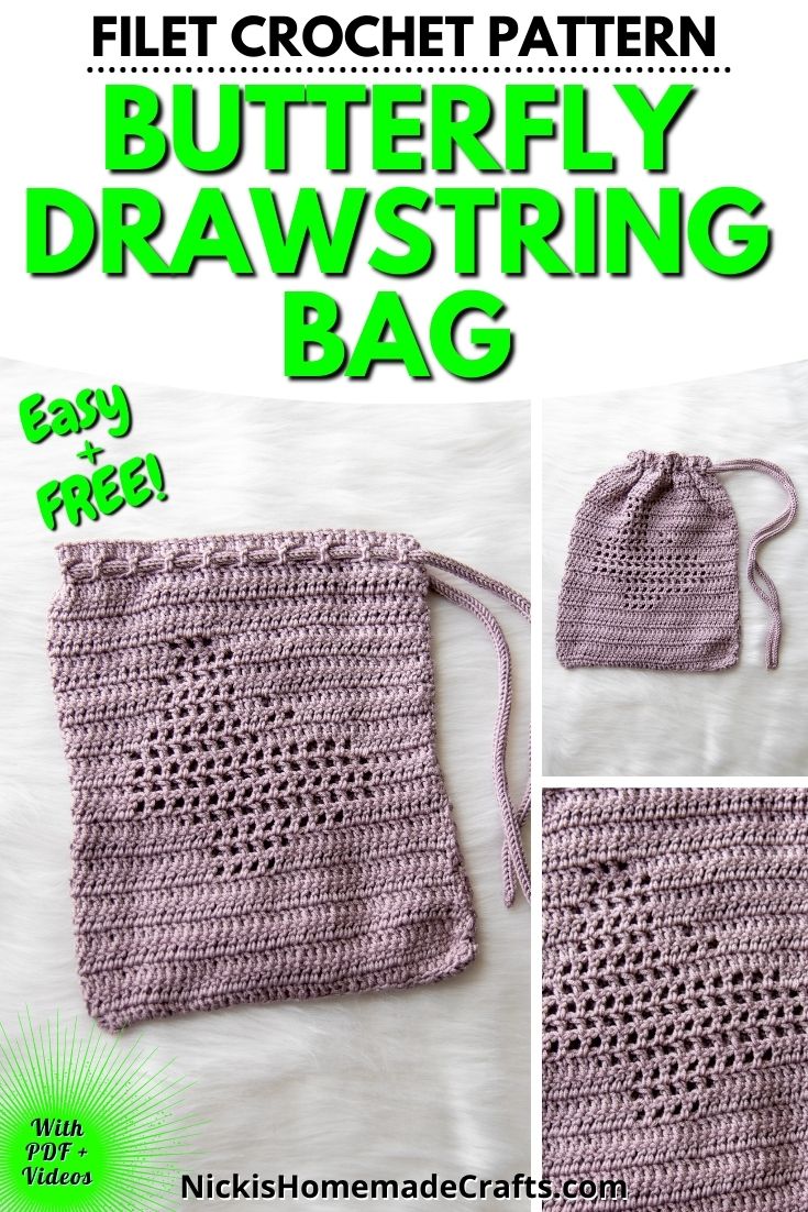 Free Butterfly Filet Crochet Drawstring Bag Pattern - Nicki's Homemade ...