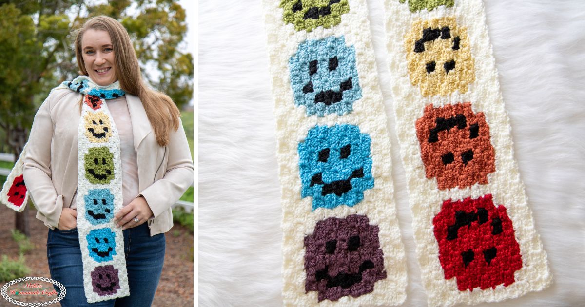 C2C Rainbow Emoji Crochet Scarf Pattern - FREE! - Nicki's Homemade Crafts