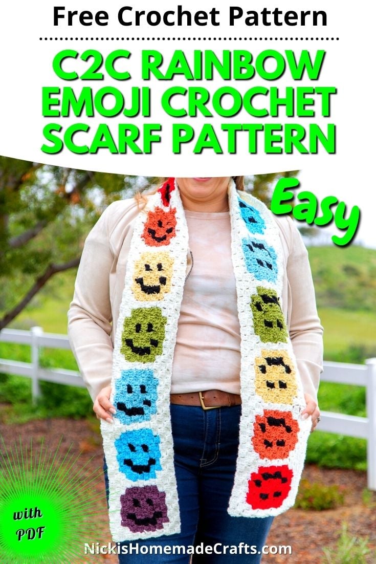 C2C Rainbow Emoji Crochet Scarf Pattern - FREE! - Nicki's Homemade Crafts