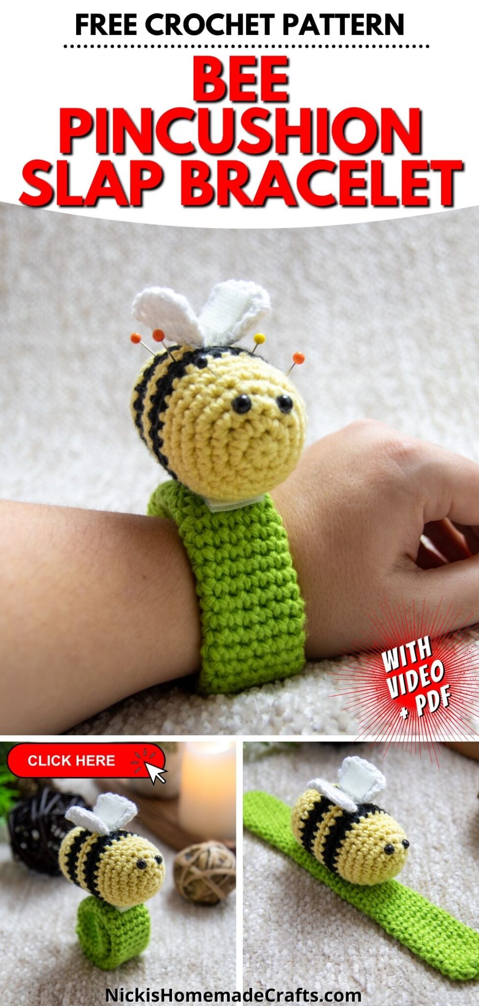 Crochet Bee Slap Bracelet and Pin Cushion - FREE Pattern! - Nicki's ...