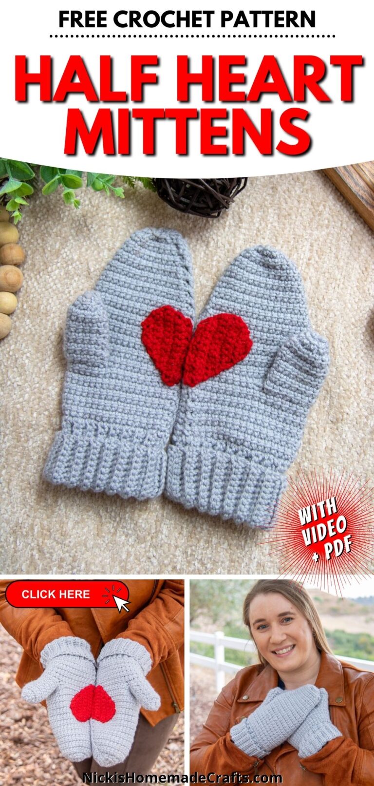 FREE Crochet Half Heart Mittens Pattern for Kids and Adults - Nicki's ...