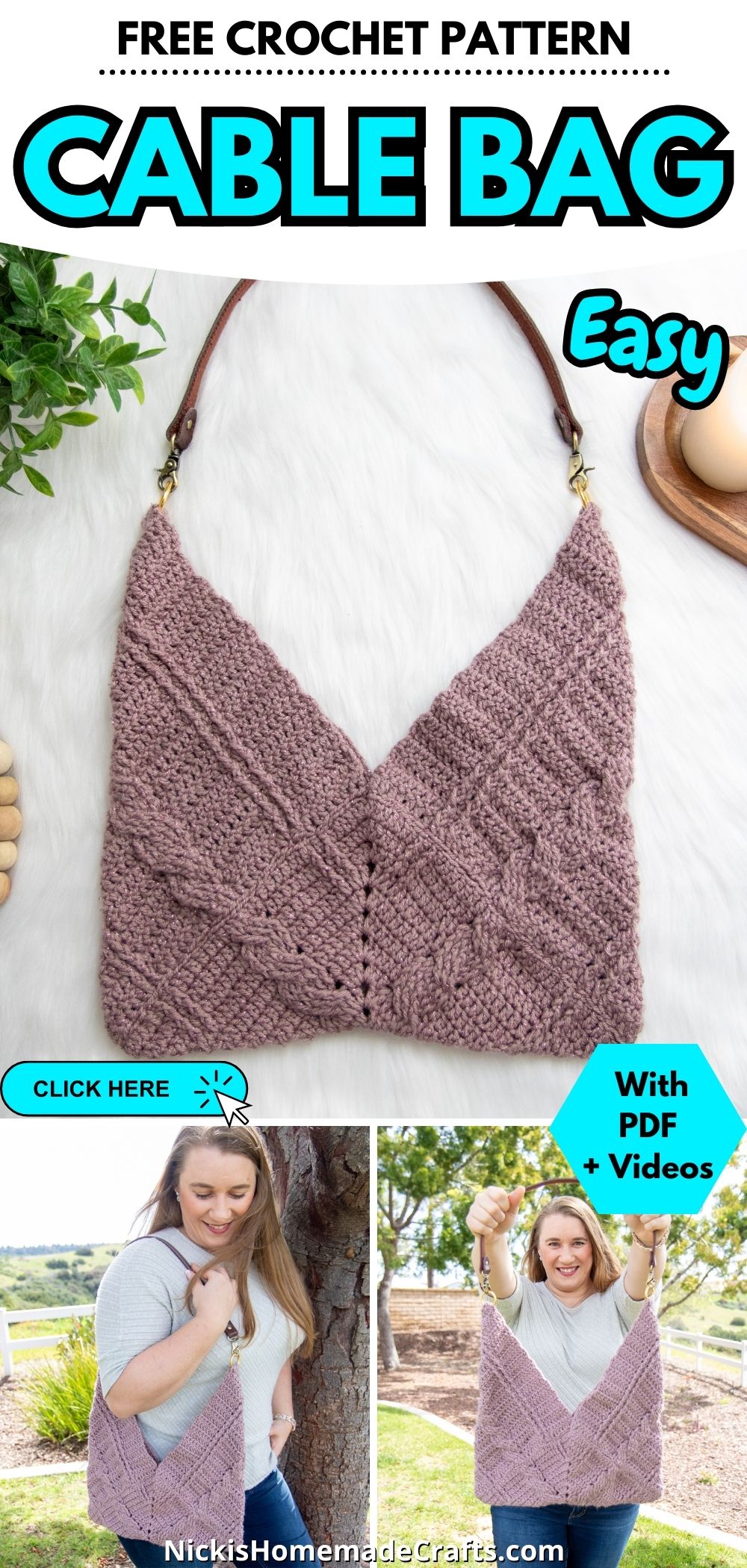 Free Cable Crochet Bag Pattern with 3 Squares - Nicki's Homemade Crafts