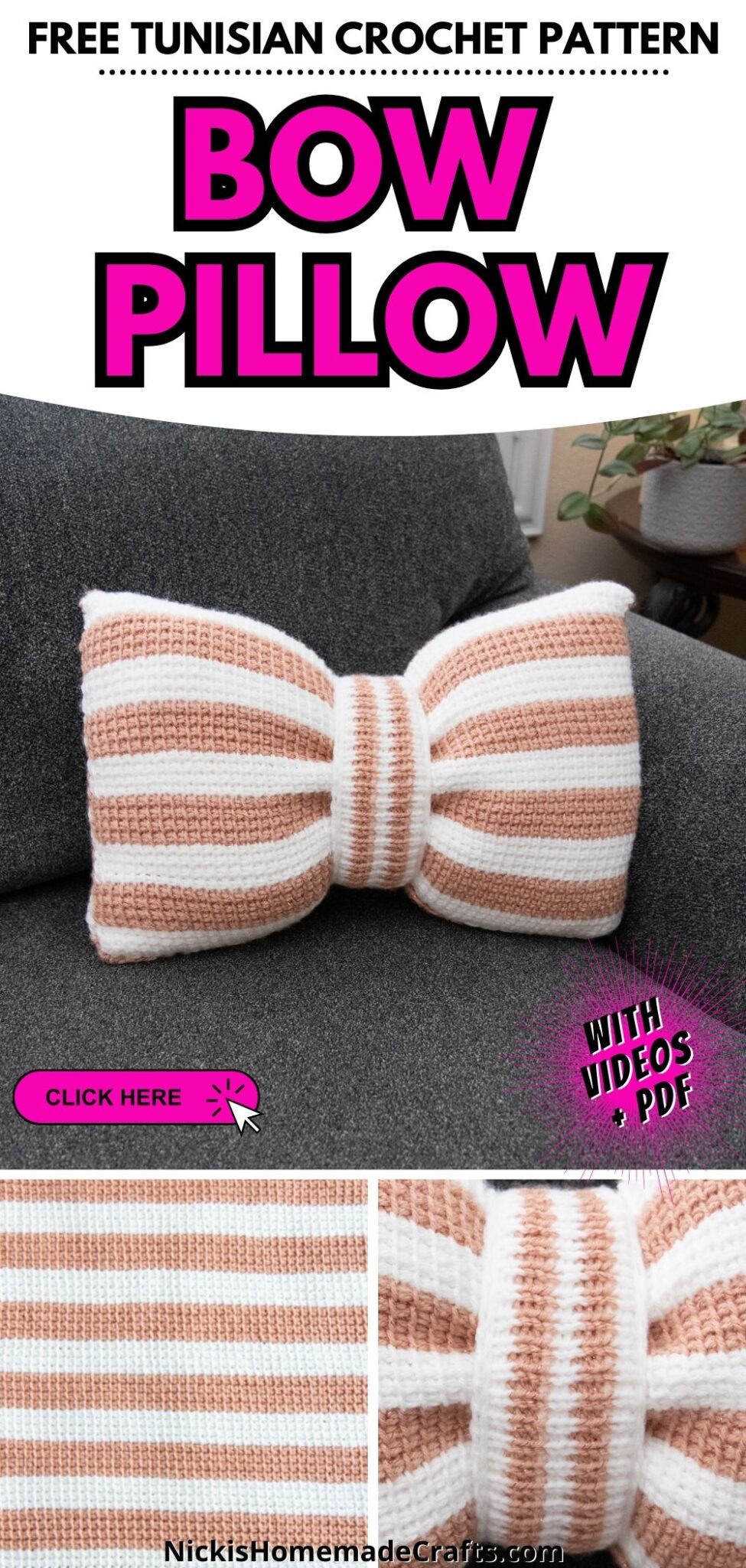 Free Tunisian Crochet BOW PILLOW Pattern - Nicki's Homemade Crafts