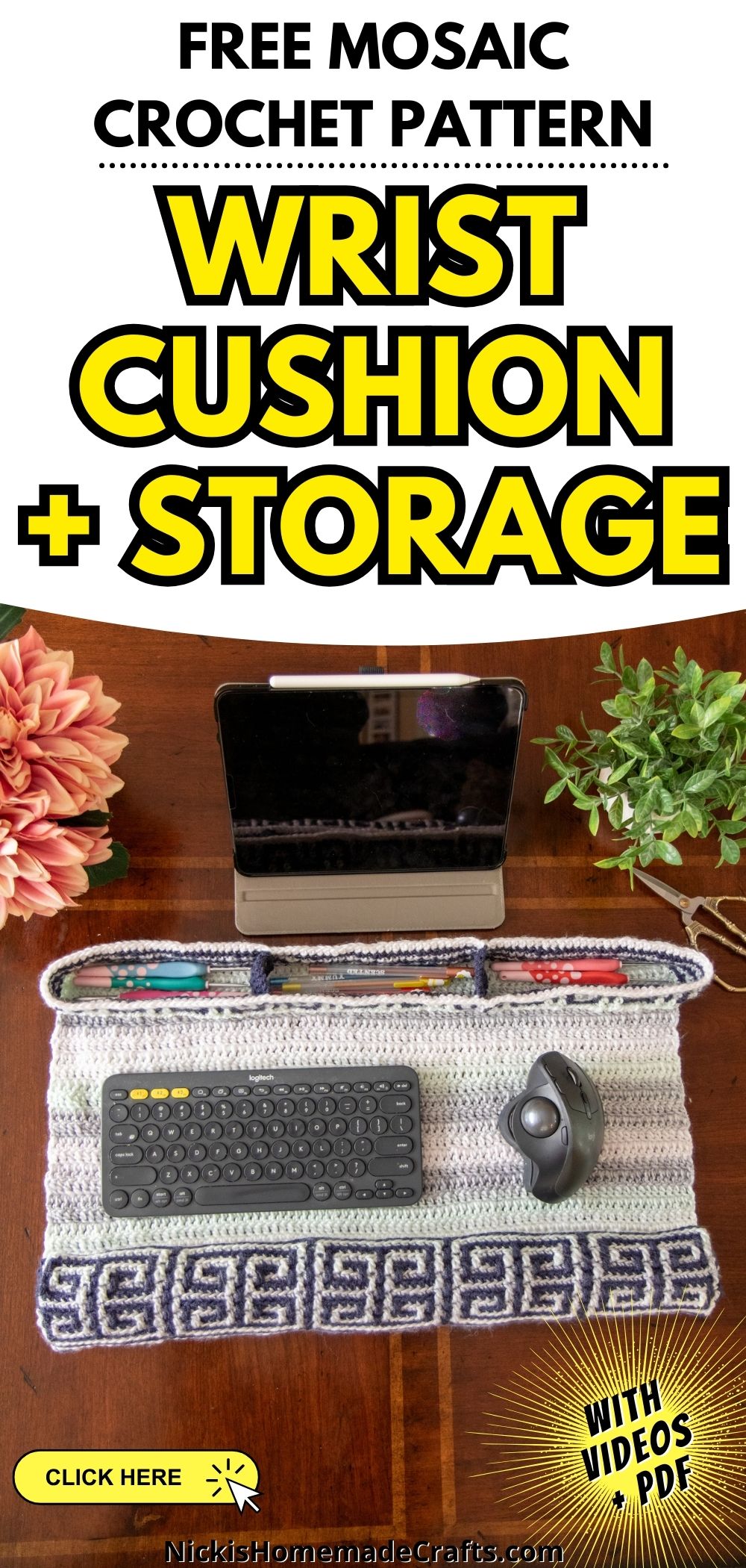 FREE Mosaic Crochet Keyboard Wrist Cushion with Storage Pattern - Nicki ...