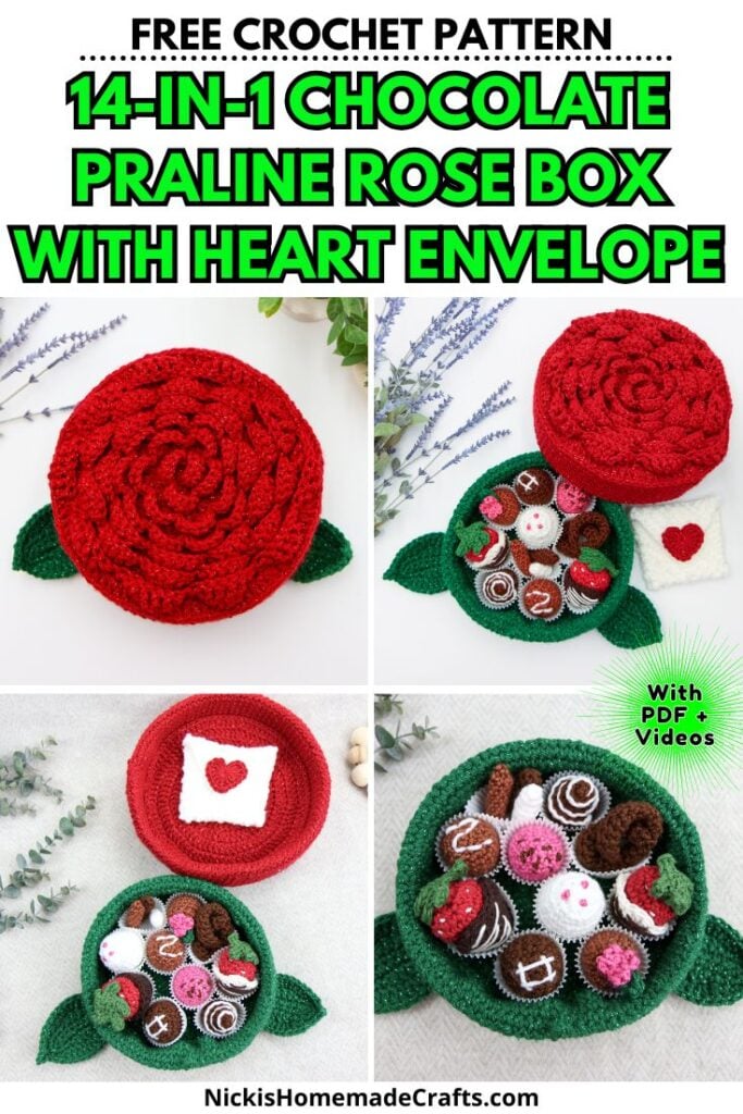 Free Crochet Chocolate Praline Rose Box with Heart Envelope - 14-in-1 ...