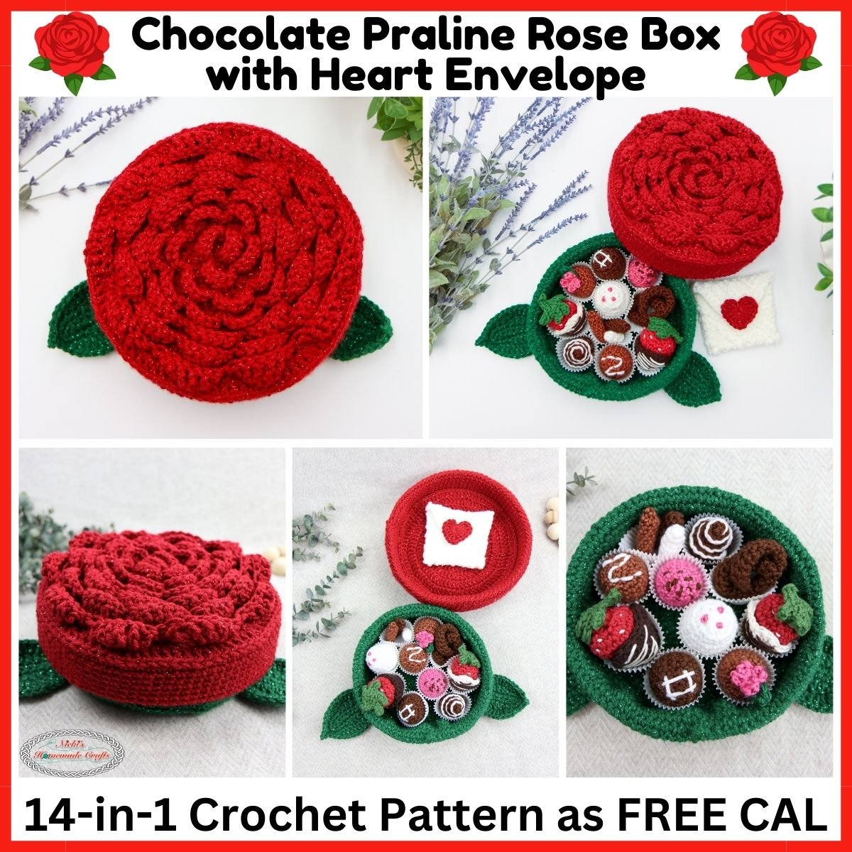 Free Crochet Chocolate Praline Rose Box with Heart Envelope - 14-in-1 ...